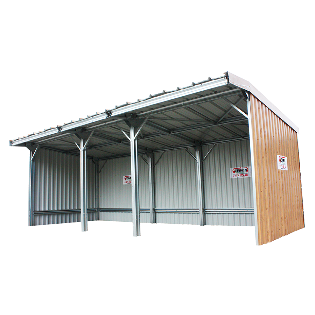 Unterstand als Bausatz, mit Verkleidung aus Blech als Holzimitation